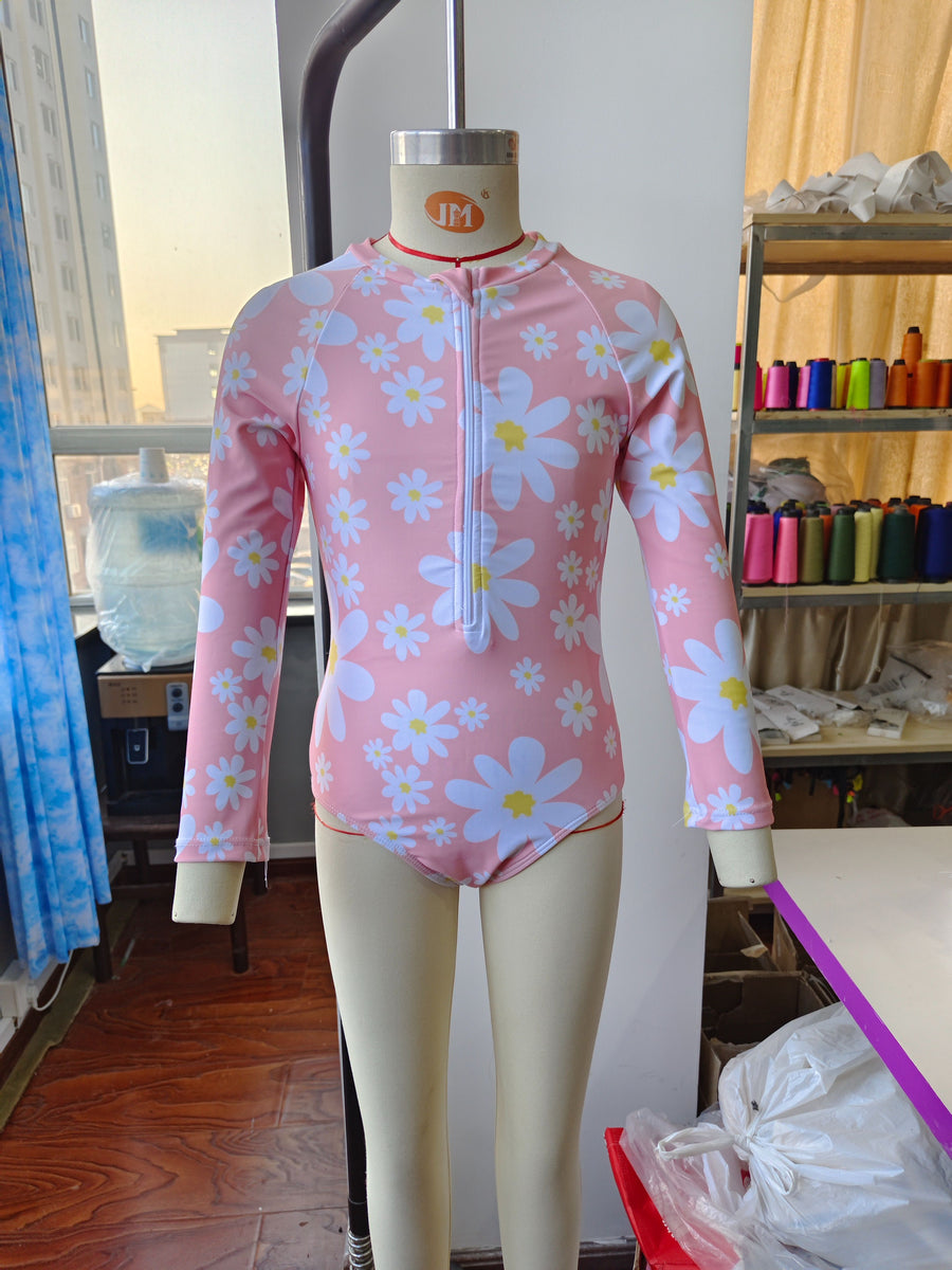 Long sleeves pink floral girls one pc summer swimsuit – SUTUTU06